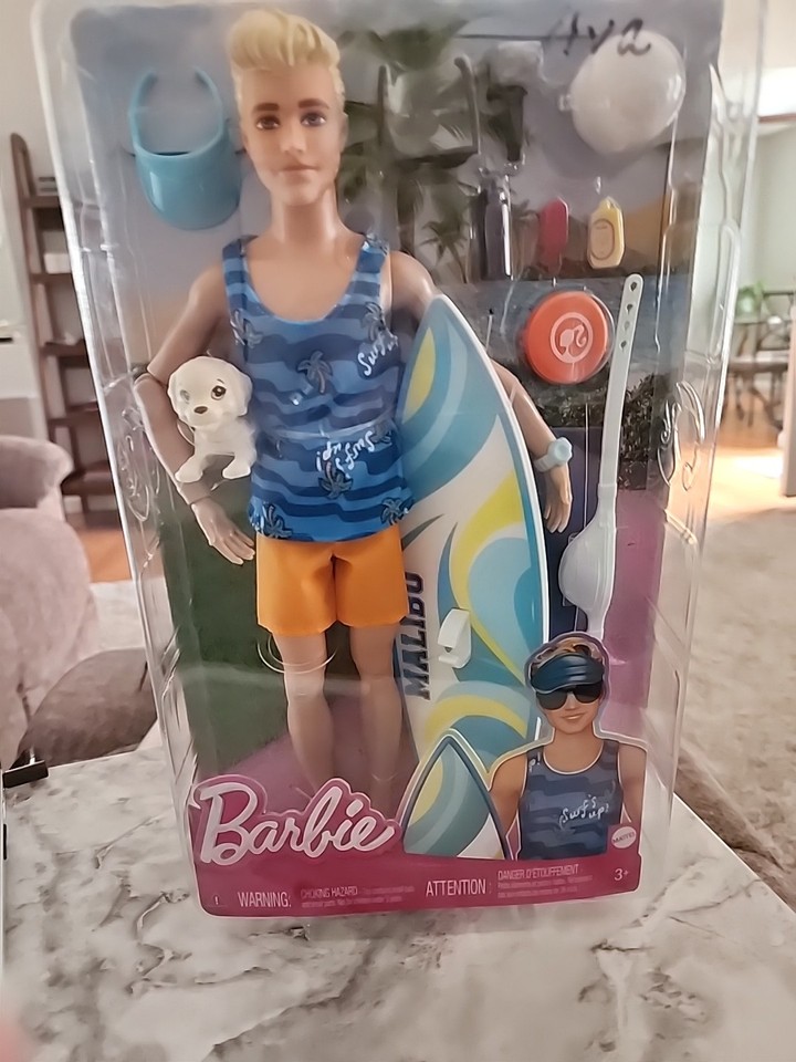 Beach Ken Doll (Barbie) Surfer With Surf Board, Puppy Pet & Accessories ...