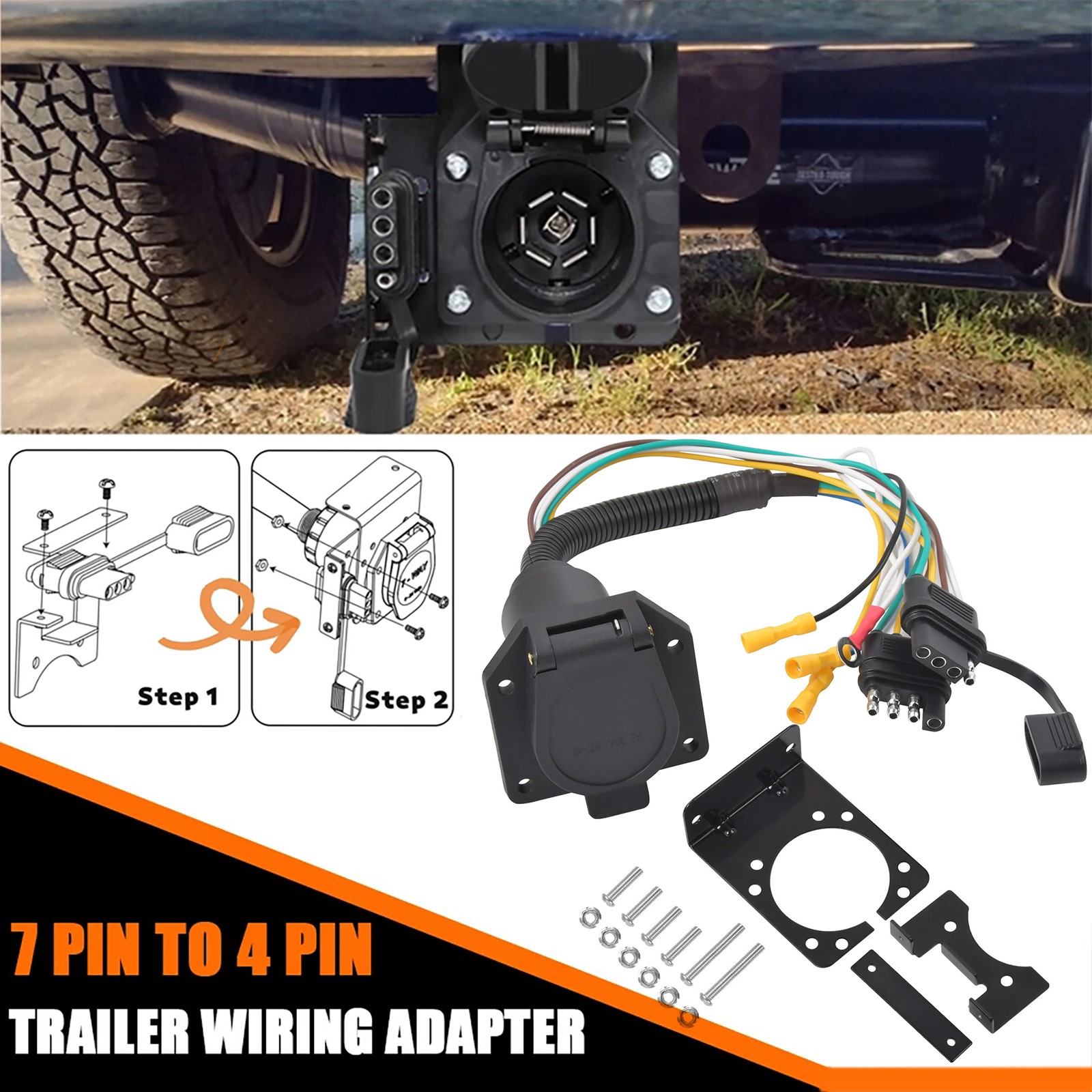 Flat 4-Pin to Round 7-Way Blade RV Trailer Plug Adapter Connector