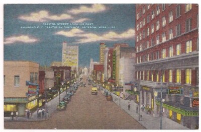 JACKSON MS Postcard CAPITOL STREET Classic Car Stores Coca-Cola Sign ...