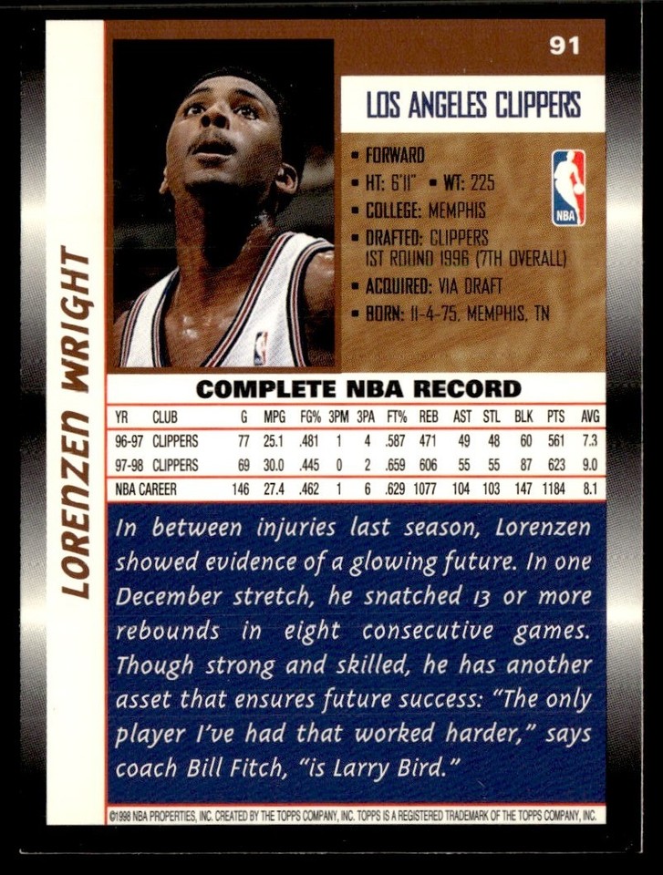 1998-99 Topps Lorenzen Wright Los Angeles Clippers #91 | eBay