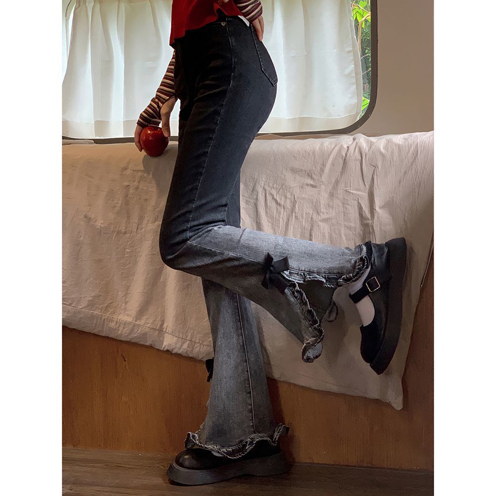 Hot Womens Denim High Waist Ruffles Side Slit Bow Knot Flare Pants ...