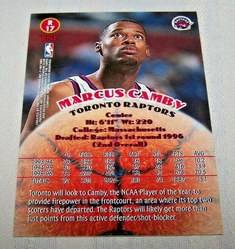 1997 TOPPS BASKETBALL ROOKIE CARD # R17 - MARCUS CAMBY - TORONTO ...