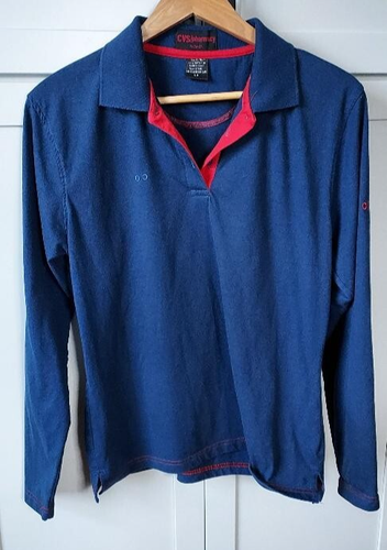 CVS Women's Blue Shirt Large LONG Sleeve Red Logo Employee Uniform Polo ...