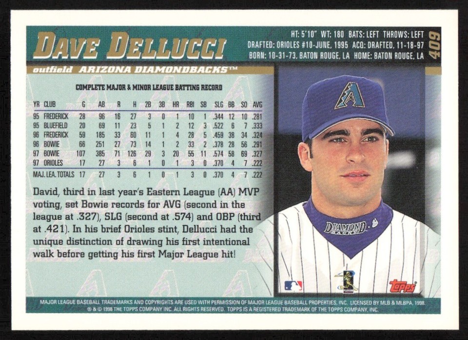 1998 Topps Baseball David Dellucci #409 Arizona Diamondbacks | eBay