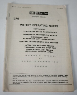 British Rail, Eastern Region - Weekly Operating Notice - November 1984 ...