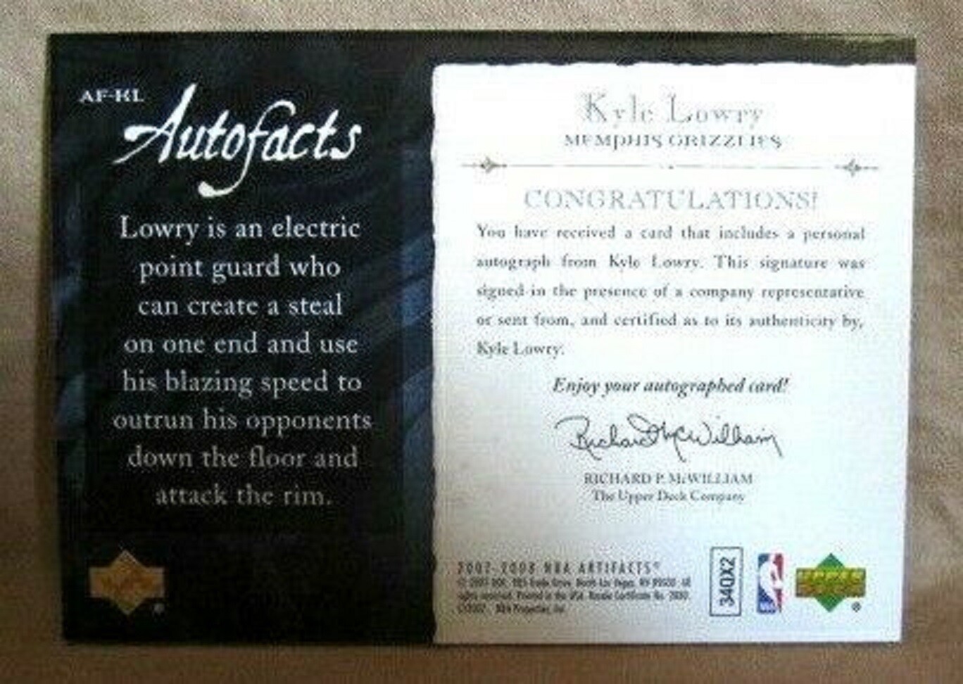 Kyle Lowry 2007-08 Upper Deck Artifacts Autograph Card!Grizzlies G ...