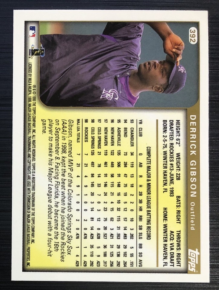 1999 Topps Baseball Card Derrick Gibson Colorado Rockies #392 Rookie RC ...