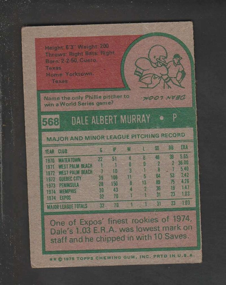 1975 Topps #568 Dale Murray GVG RC Rookie Expos 161590 | eBay