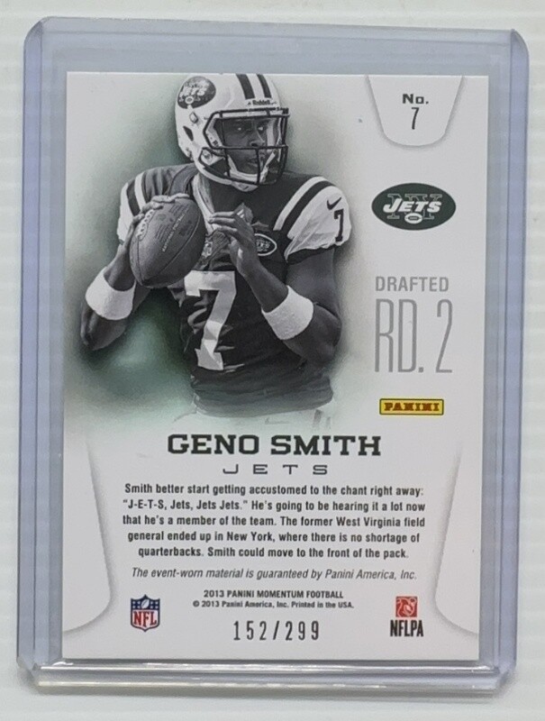 2013 Panini Momentum Geno Smith Rookie Team Threads RC Jersey #152/299 ...