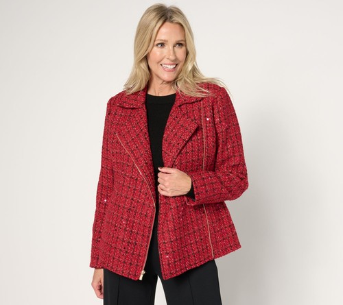 NEW Susan Graver Reg 12 Sequin Tweed Long-Sleeve Moto Jacket Ruby/Black QVC 2663 | eBay
