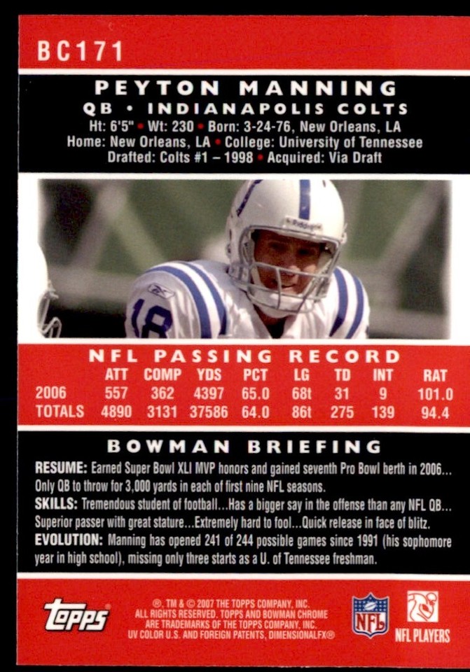 2007 Bowman Chrome Peyton Manning Indianapolis Colts #BC171 | eBay