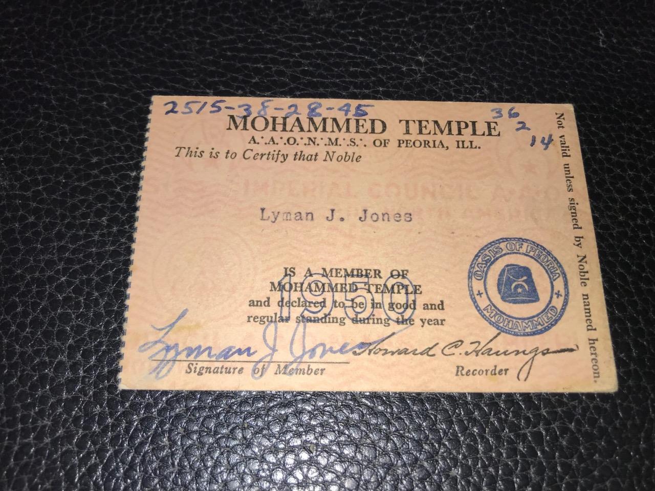 Vintage Masonic Membership Card (1950). Peoria, IL - Mohammed Temple | eBay