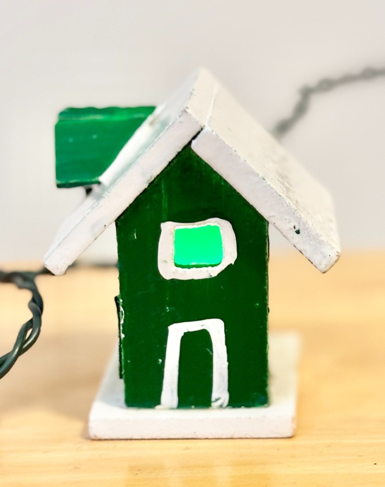 Vtg Miniature Hand-Painted Wooden Church String Light Set - 10 Churches ...