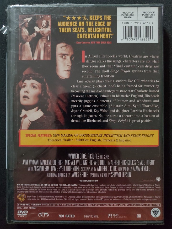 Stage Fright DVD Jane Wyman Marlene Dietrich Alfred Hitchcock 1950 R1 ...