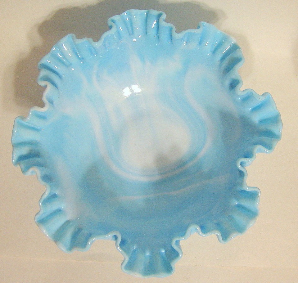 Fenton Blue White Slag Bowl Roses Ruffled Lip Unsigned 8 to 9 Inches ...