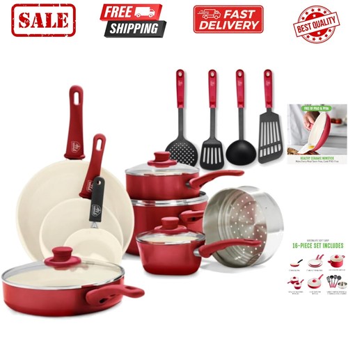 16 Piece Nonstick Cookware Set, Soft Grip Non-Toxic PFAS-Free Ceramic ...
