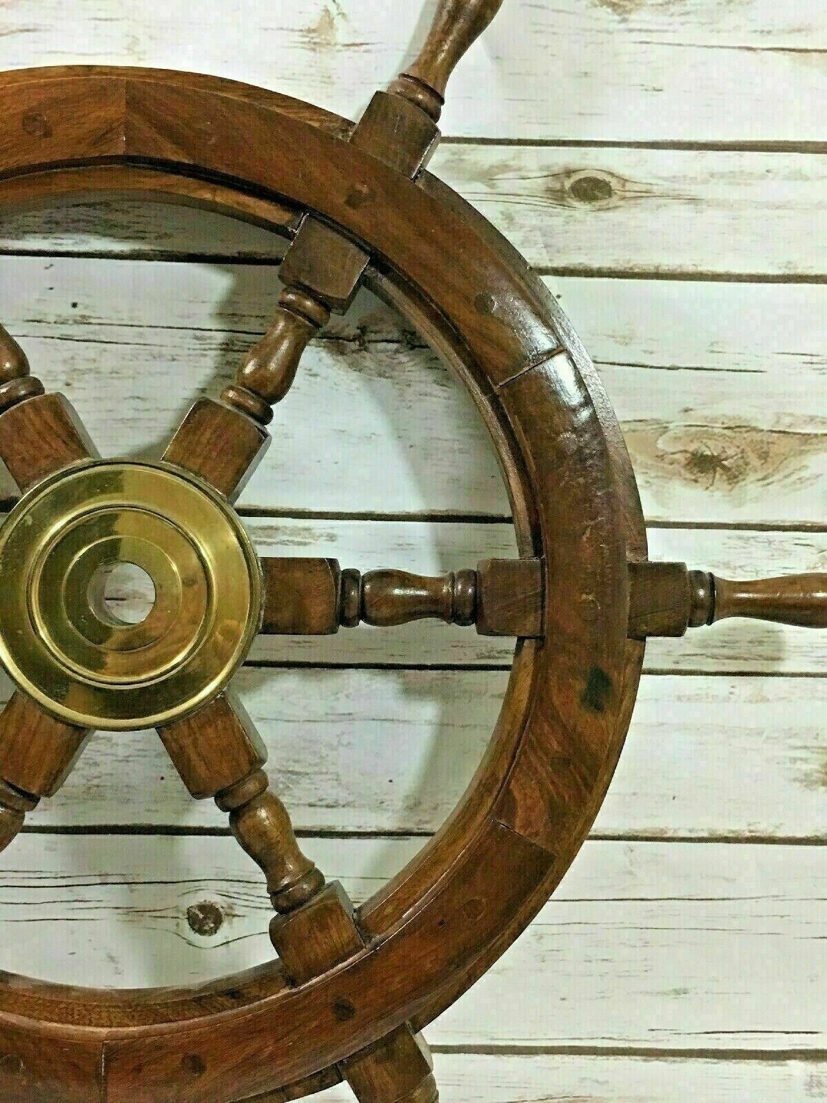 12"Brass Wooden Vintage Ship Steering Wheel Pirate Décor Wood Fishing ...