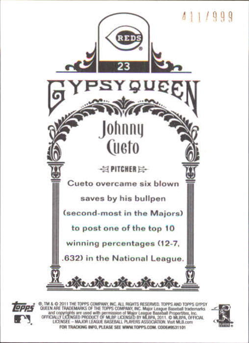2011 Topps Gypsy Queen Framed Paper Reds Baseball Card #23 Johnny Cueto ...
