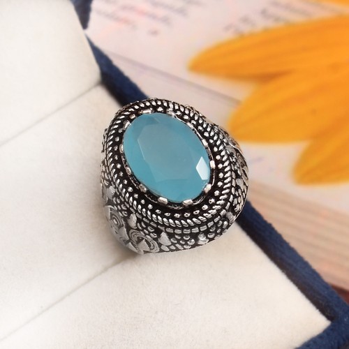 Bague vintage bijou pierre précieuse calcédoine bleue naturelle en ...