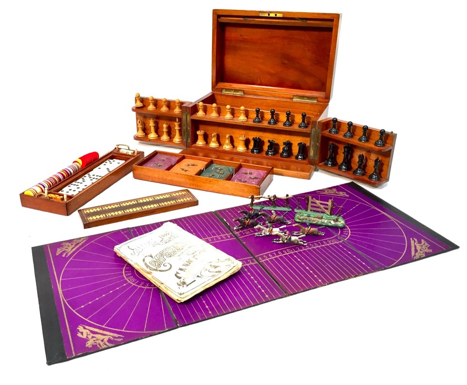 Antique 19th Century Victorian Games Compendium Box / Wooden Cabinet c ...