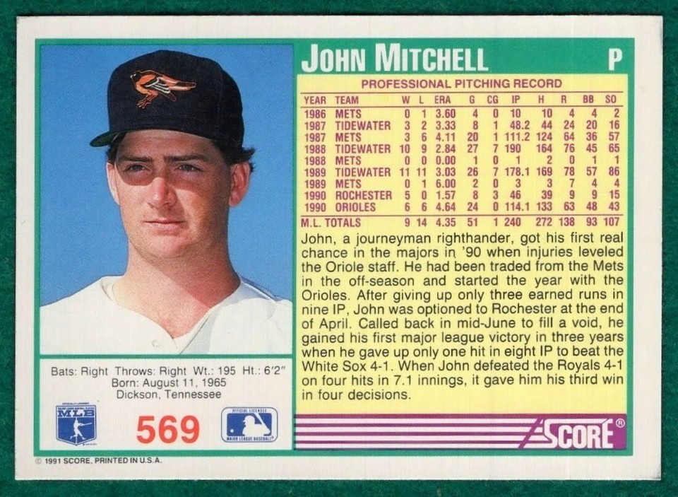 John Mitchell - 1991 Score #569 - Baltimore Orioles Baseball Card | eBay