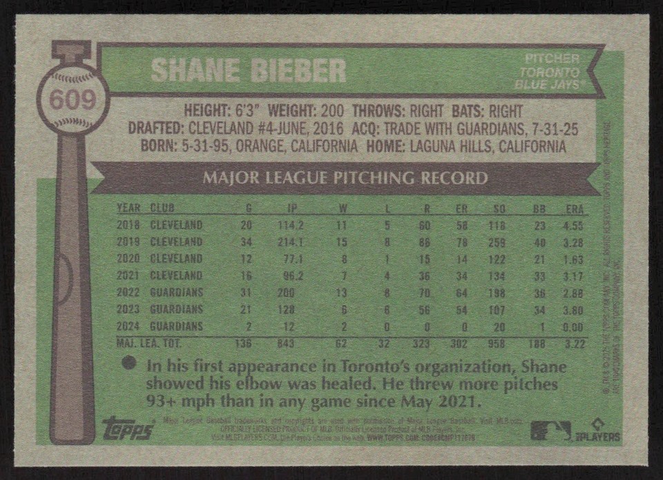 2025 Topps Heritage High Number Base Shane Bieber Toronto Blue Jays ...