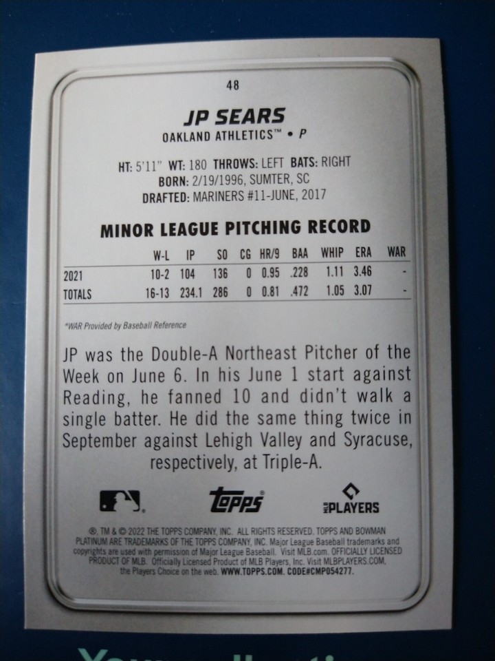 2022 Bowman Platinum JP Sears #48 Oakland Athletics Rookie RC | eBay