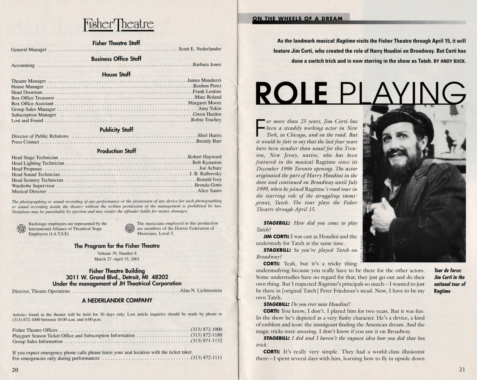 Jim Corti "RAGTIME" Ahrens and Flaherty / Terrence McNally 2001 Detroit ...