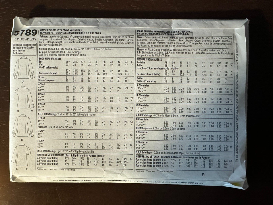 3789 Simplicity Sewing Pattern 2007 Misses Shirt Blouse Uncut 14 16 18 ...