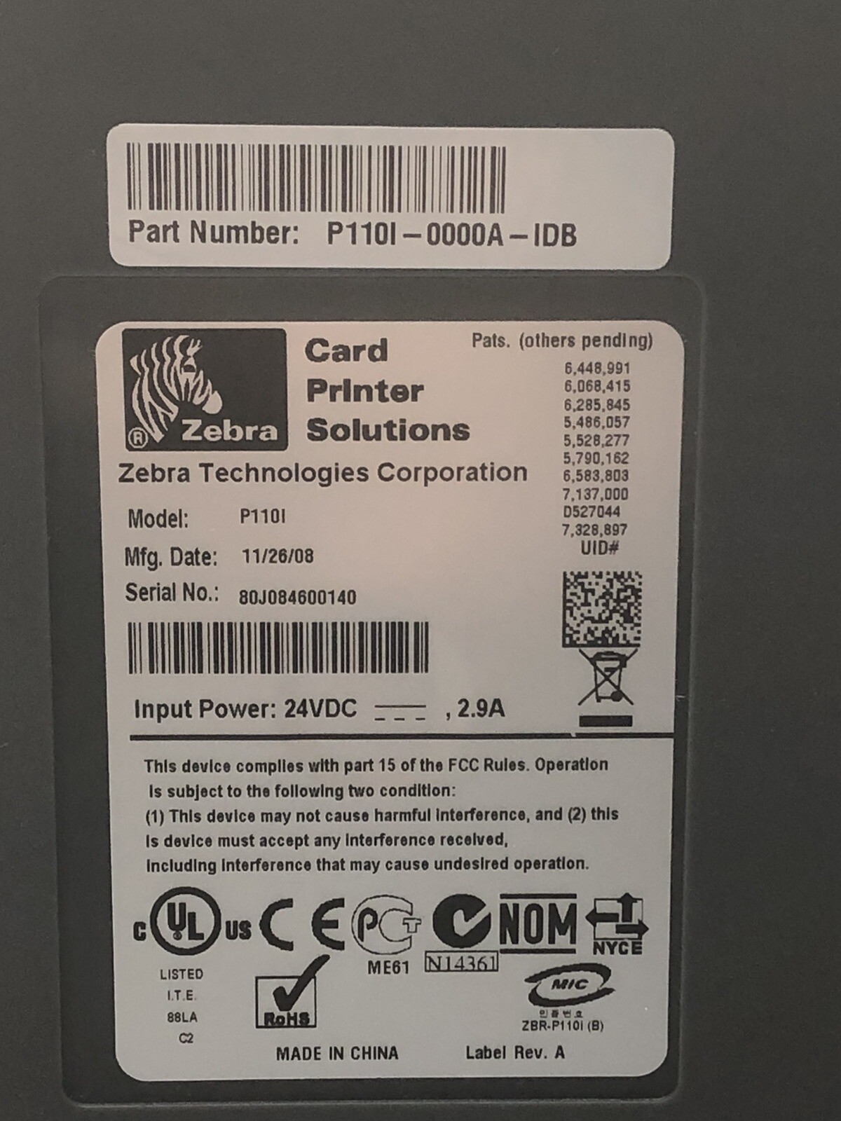 Zebra P110i Plastic ID Card Printer - P/N P110I-0M1UA-ID0 Network ...