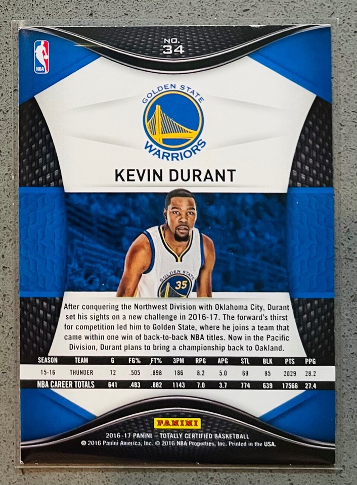 2016-17 Panini Totally Certified Basketball #34 Kevin Durant Base Card ...