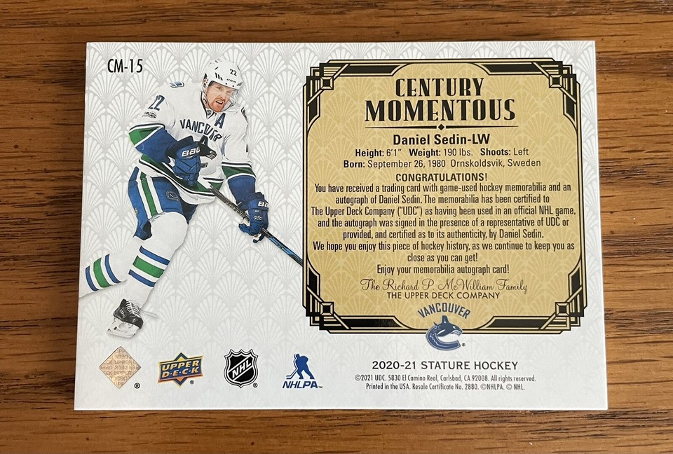 Daniel Sedin 2020-21 UD Stature Autograph Patch 07/15. 2022 HOF’er! 🔥 ...