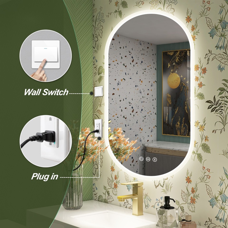 24x36in Oval LED Bathroom Mirror 3 Color Temperature Bluetooth Vanity ...