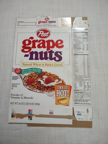 Vintage 1989 Post Raisin Grape Nuts Cereal Box Flat Empty~Used~Cookie Recipes | eBay
