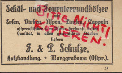 MARGGRABOWA, Werbung 1922, F. & P. Schulze Schäl-Fournierrundhölzer ...