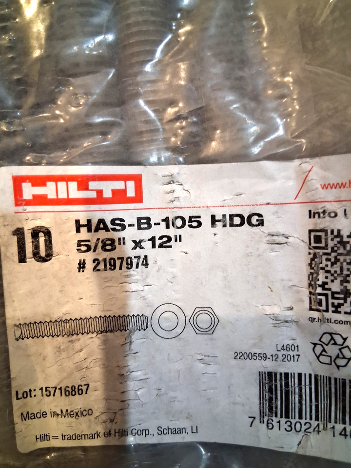 10 Pack Hilti HAS-B-105 HDG Anchor Rod 5/8" x 12" Nut Bolt Washer ...