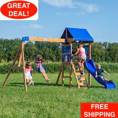 Kids Outdoor Cedar Wood Swing Set Play Set With Clubhouse Slide Rock ...