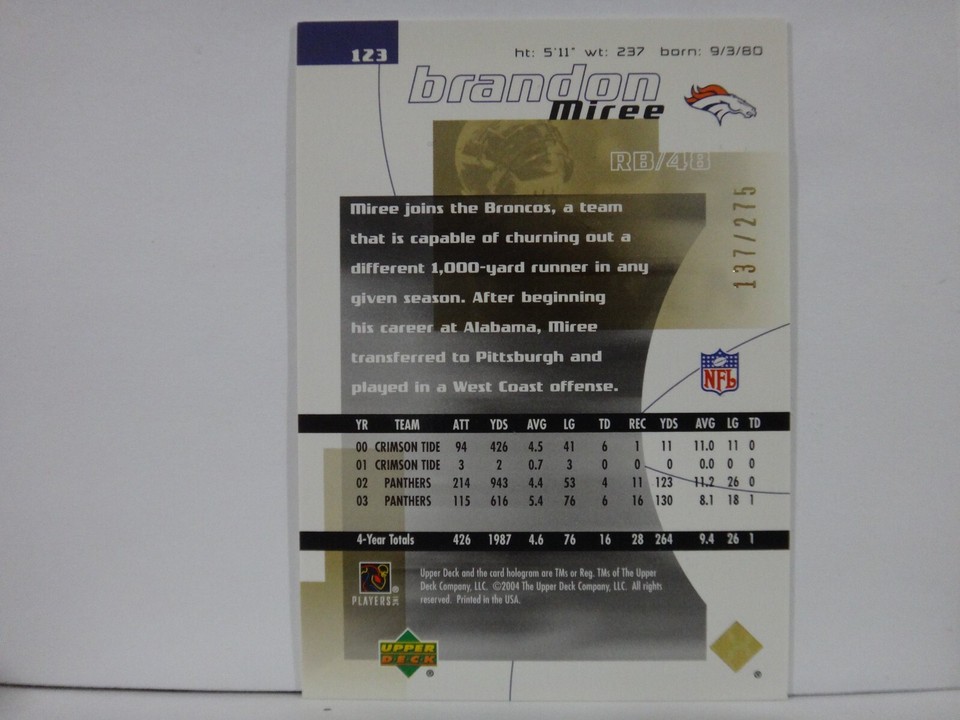 2004 Upper Deck Finite HG Futures /275 Brandon Miree #123 Rookie RC | eBay