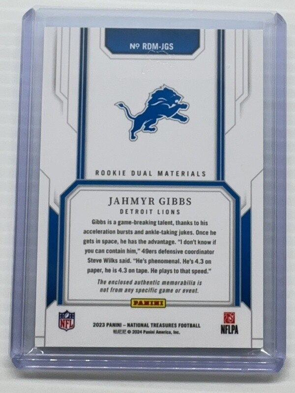 2023 National Treasues Jahmyr Gibbs Holo Silver Dual Rookie Patch #12/ ...