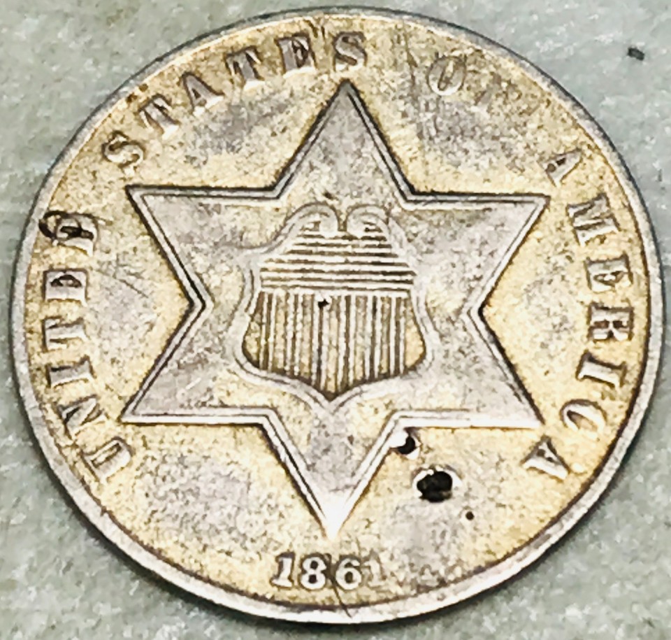 1861 Three Cent Silver Piece Trime 3c Type 3 CIVIL WAR DATE US Coin ...