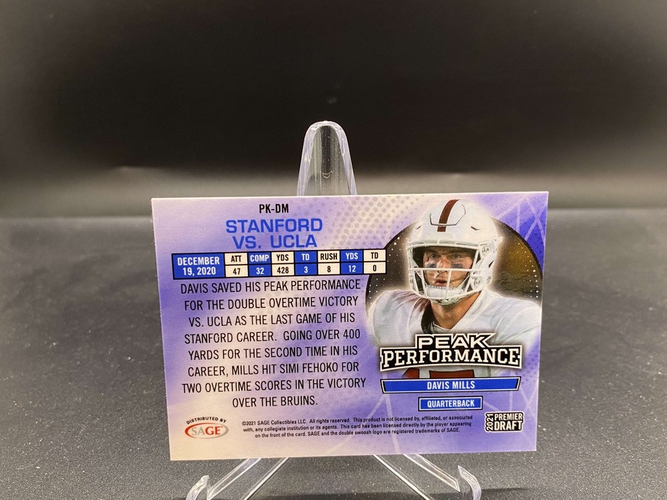 Davis Mills 2021 SAGE HIT Peak Performance Purple PK-DM Stanford RC EX ...