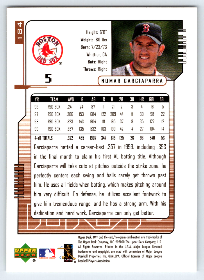 2000 Upper Deck MVP #5 Nomar Garciaparra Boston Red Sox Baseball Card | eBay