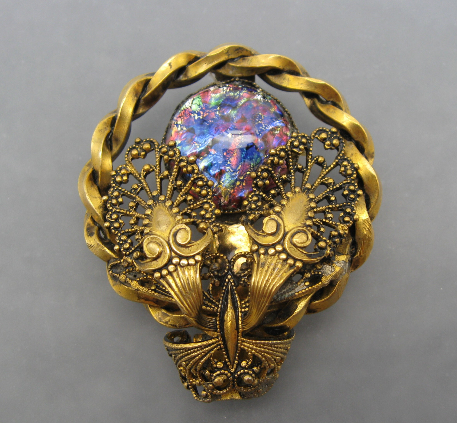 Vintage Czech Foil Opal Art Glass Filigree Twisted Br… - Gem