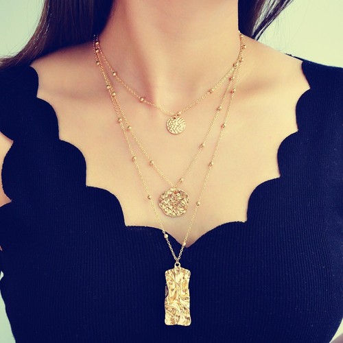 Multilayers Gold Chain Rectangle Disc Round Geometric Pendant Party ...