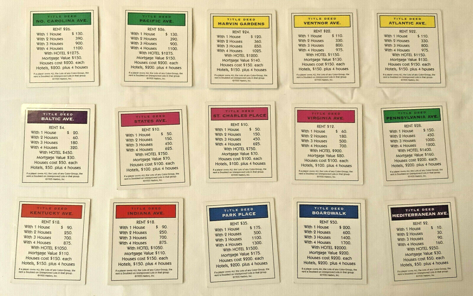 Regular Monopoly Board Game INDIVIDUAL REPLACEMENT Title Deed Cards ...