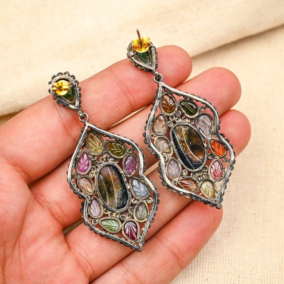 Gorgeous Multi Tourmaline Gemstone & Pave Diamond Earring 925 Sterling ...