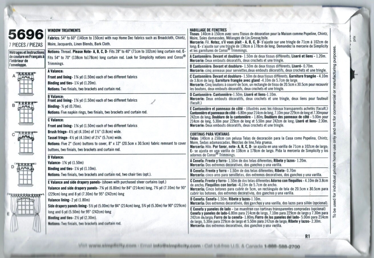 Simplicity Pattern 5696 Window Treatments Can Tops Uncut FF for sale ...