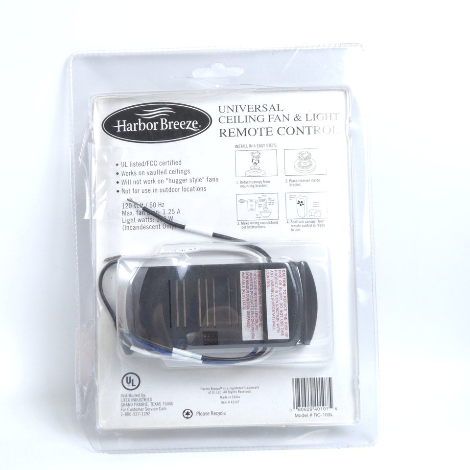 Harbor Breeze Universal Ceiling Fan Light Remote Control #43147 Model ...