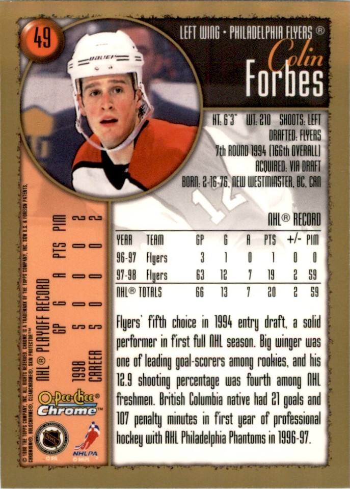 1998-99 O-PEE-CHEE CHROME COLIN FORBES PHILADELPHIA FLYERS #49 | eBay