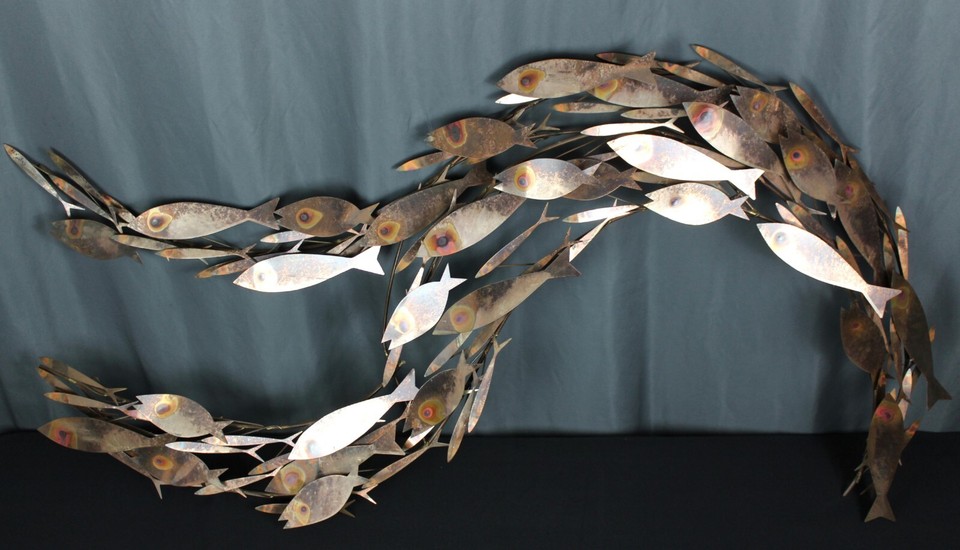 56" School of Fish brutalist metal wall sculpture signed C. Jere 1979 ...